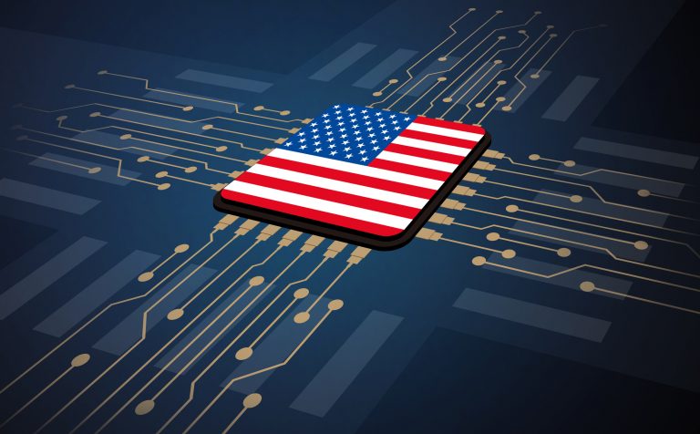 American flag in the center of circuit board, Artificial intelligence ...